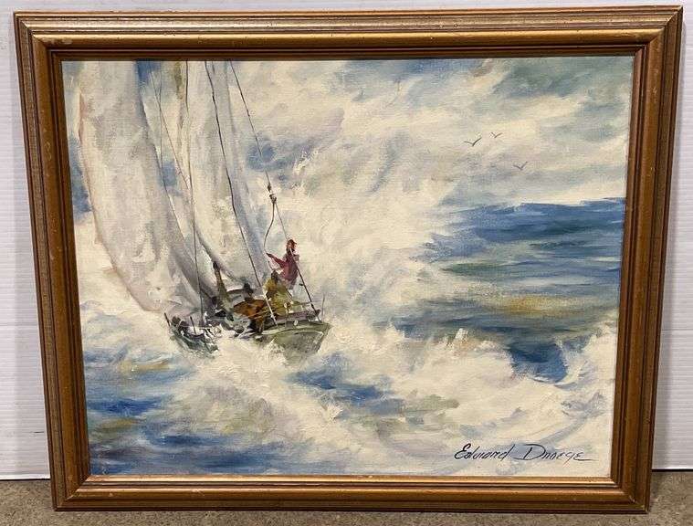 (RK) Edward Draege Boat Oil Painting on Board 22 1/2” x 19” - Kraft ...