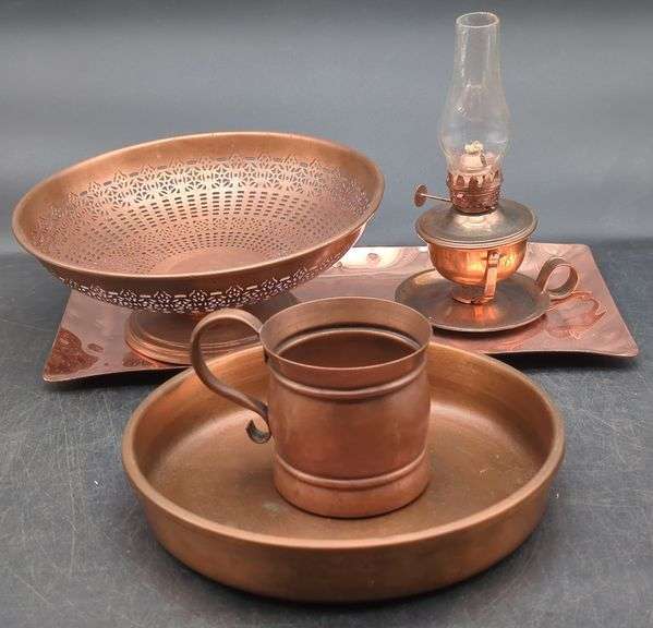 (XY) Copper. Manning Bowman Colander. Italian Made Pie Pan, Cup & Lamp ...