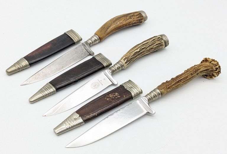 (3) Antique German Stag Handle Hunting Knives w/ Sheaths - Kraft ...