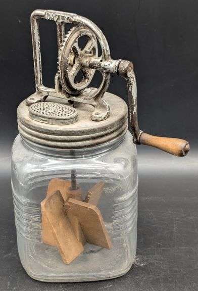 (L) Dazey hand crank butter churn with glass jar (13" tall). - Kraft ...