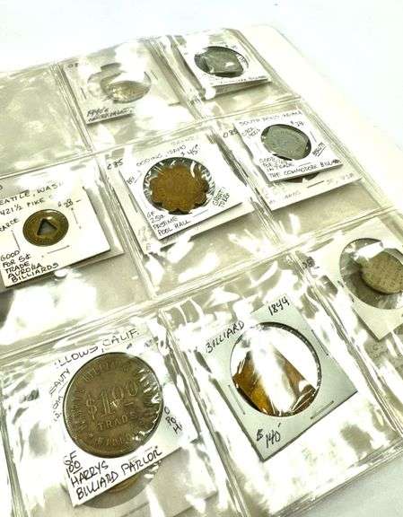 (16) Pc. Vintage Billiard Hall Tokens And Medals Displayed In Sleeves ...