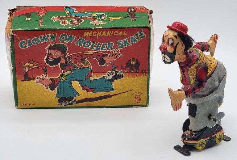 Vintage Japan TPS Tin Litho Wind-Up Clown On Roller Skates In Box ...
