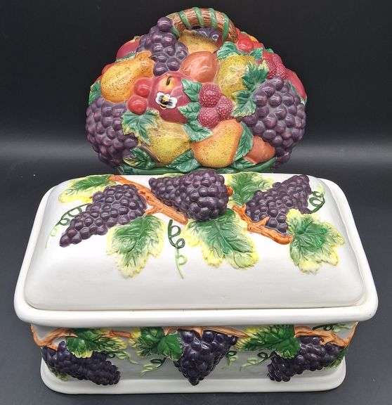 (L) Ceramic 3D Grape Bread Box and Raymond Waites Cornucopia Cookie Jar ...