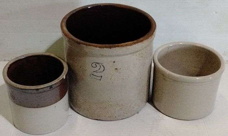 (R) Stoneware #2 Crock & Two More 9" Tall - Kraft Auction Service, LLC