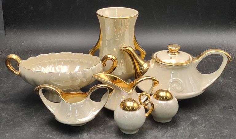 (H) Homer Laughlin Iridescent 22K Gold Lusterware Tea Set Pieces & Vase ...