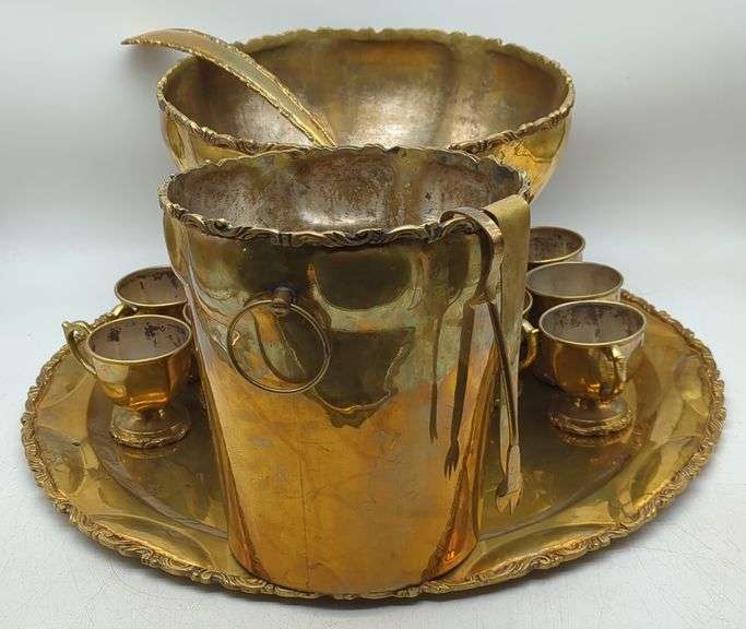 (L) Gold Plated Punch Bowl, Tray, Cups and Ice Bucket. 22 inch Tray ...