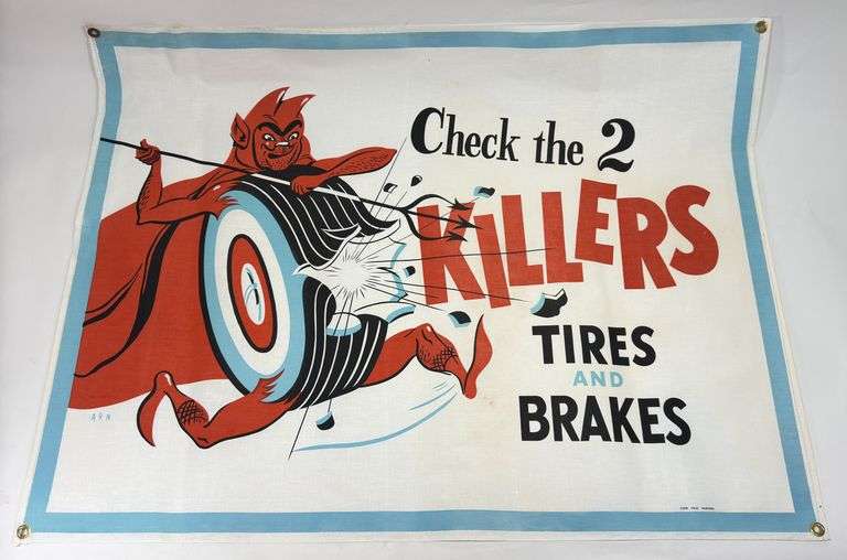 4ft 1950s-60s Devil Tire Auto Shop Canvas Banner - Kraft Auction ...