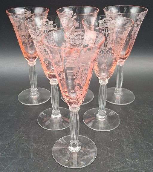 (H) 6 Tiffin- Franciscan Flanders Pink Stem Glasses - Kraft Auction ...
