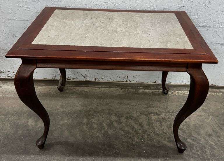 (V) Mid-Century Wooden Scroll Leg Table With Marble Top Insert - Kraft ...