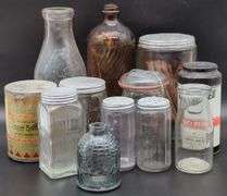 (L) Vtg Jars. Milk Bottles, Glass Canisters, Salt and Pepper, Linco ...