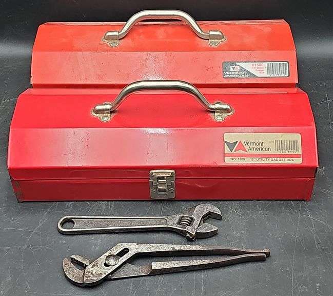 (K) Two 15" Utility/Tool Boxes, Contents Include: Vice Grips, Crescent ...