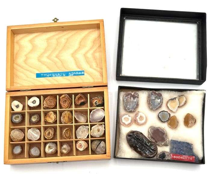 Display Case Of Sodalite + Wooden Display Box Of Thumbnail Agates ...