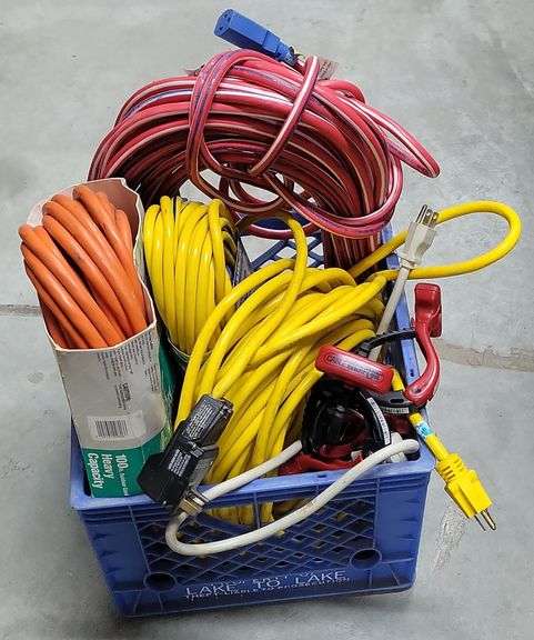 (G) Plastic Crate Full Of Extention Cords - Kraft Auction Service, LLC