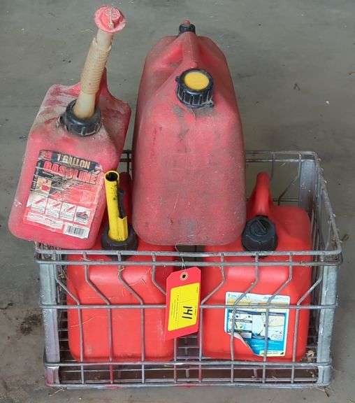 Red Gasoline Plastic Container 1 Gallon - 2 Gallon (4) & Metal Crate ...