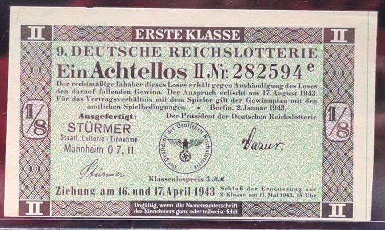 (F) 1943 WW German Lottery Ticket. $15. 4 inch - Kraft Auction Service, LLC