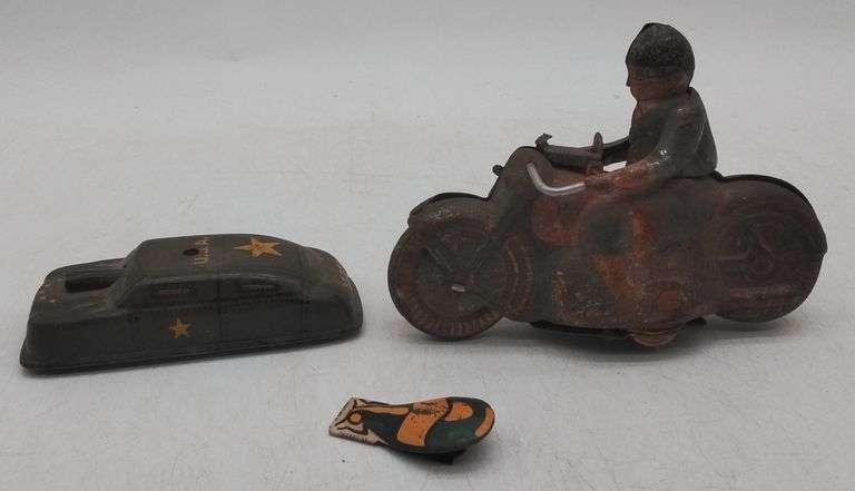 (F) Vintage Fine Litho Tin Motorcycle Rider Toy , Argo Tin US ArmyArmo ...