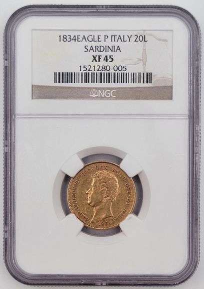 1834 Eagle P Italian States Sardinia 20 Lire Gold Coin NGC XF-45 ...