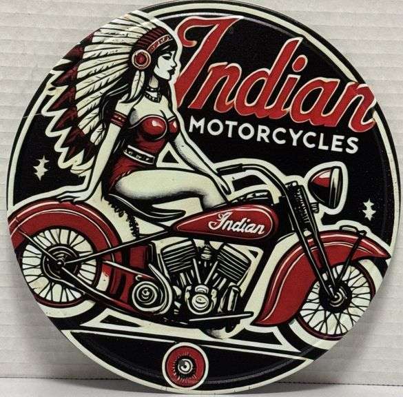 (KC) Metal Indian Motorcycle Advertising Sign 7 3/4” Princess on Bike ...