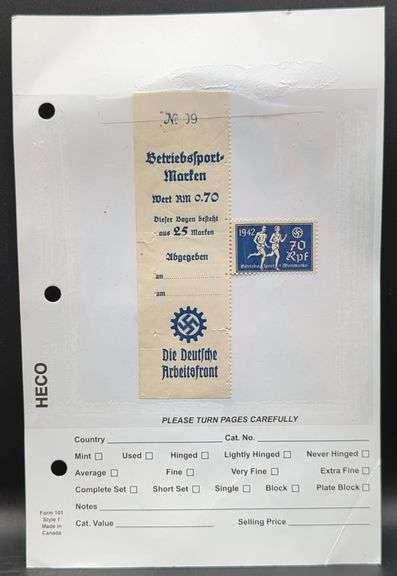 (F) National Arbeits Front Sports Due Stamp Plus Sheet Identification ...