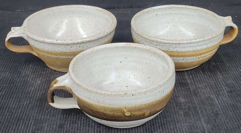 (K) Set Of Three Handmade Dukeman Pottery Soup Bowl Mugs - Kraft ...