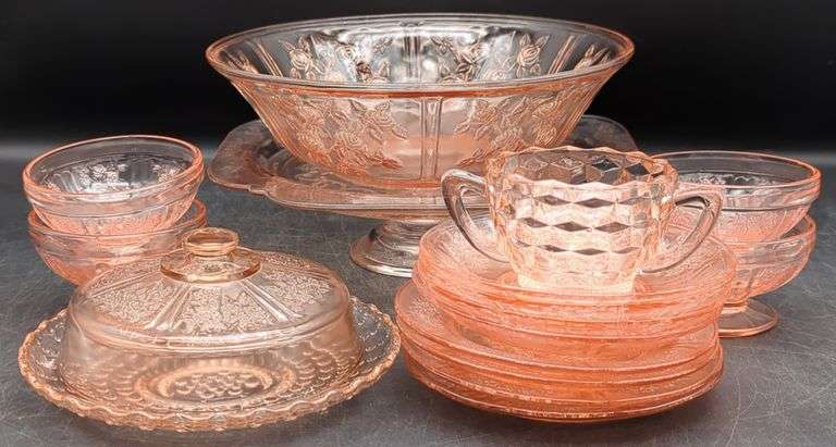 (K) Vtg Pink Depression Glass. Sharon or Cabbage Rose Pattern, Hobnail ...