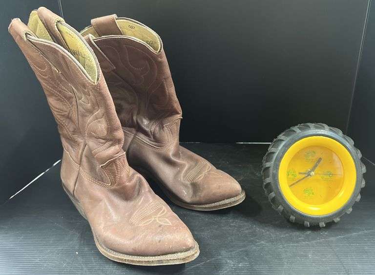 Pair Of Vintage Leather Cowboy Boots And John Deere Tire Clock. - Kraft ...