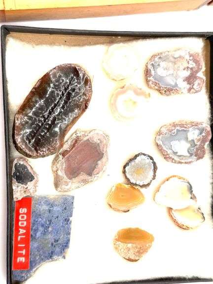 Display Case Of Sodalite + Wooden Display Box Of Thumbnail Agates ...