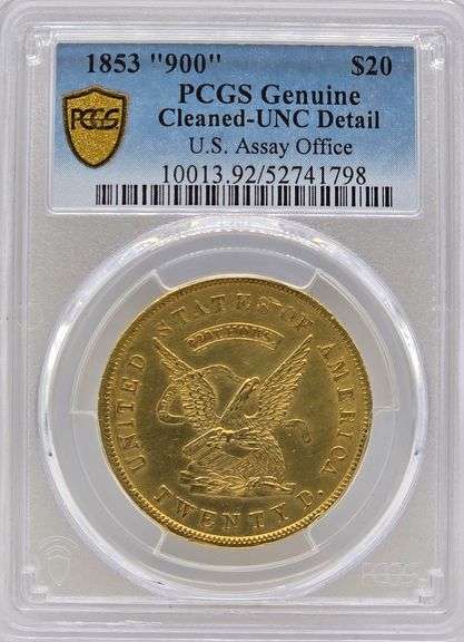 1853 U.S. Assay Office Twenty Dollar "900" Gold Coin PCGS Genuine ...