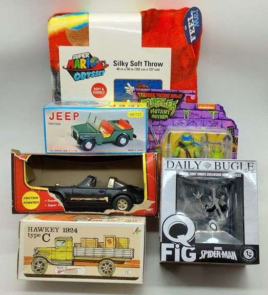 (E) Mario throw blanket (40"x50"), toy cars (largest is 8" long), a ...