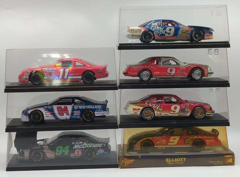(K) Race Cars in Plastic Cases. Bill Elliott, Ron Garfield. 10 inch W ...