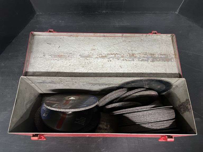 (G) Small Red Metal Tool Box Filled With Grinding Disks, And 6.5 ...