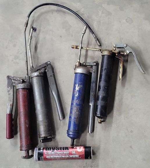 (G) Four Grease Guns With A Tube Of Mystik Hi-Temp Multi-Purpose Grease ...