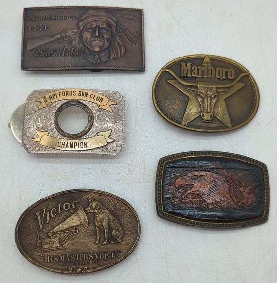 (F) Belt Buckles. Geronimo, Marlboro, Victor, Holfords Gun Club, Eagle ...