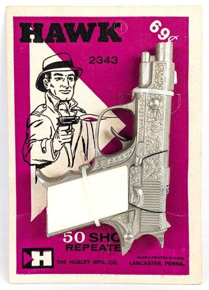 Hubley Hawk 50 Shot Repeater Cap Gun Pistol w/ Package - Kraft Auction ...