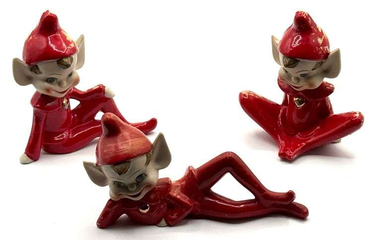 (3) Mini Ceramic Red Suite Relaxing Elf Figurines - Kraft Auction ...