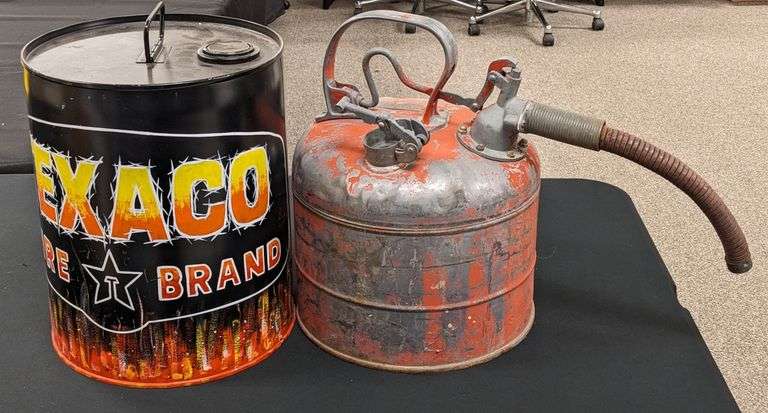 Texaco Fire Brand Oil Bucket & Hanover Aero Corp Gas Can - Kraft ...