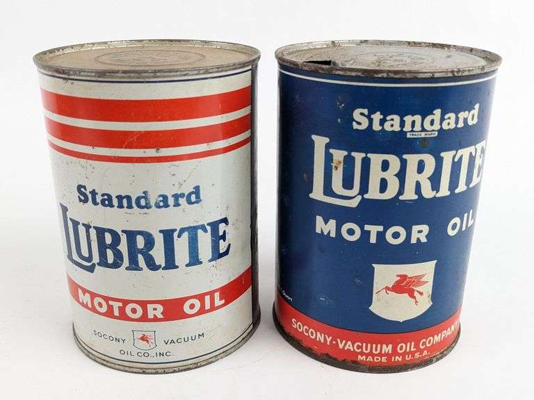 (2) Vintage Mobil Standard Lubrite Motor Oil One Quart Metal Oil Cans ...