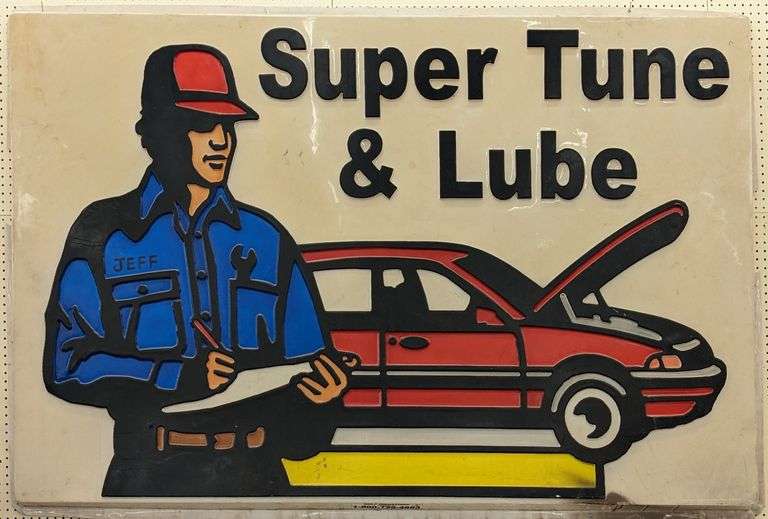 8ft Vintage Super Tune & Lube Embossed Sign - Kraft Auction Service, LLC