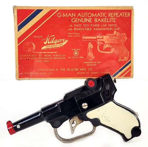 Kilgore G-Man Bakelite Cap Gun Pistol w/ White Grips In Box - Kraft ...