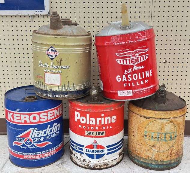 (5) Vintage 5 Gallon Oil / Gasoline Cans - Kraft Auction Service, LLC