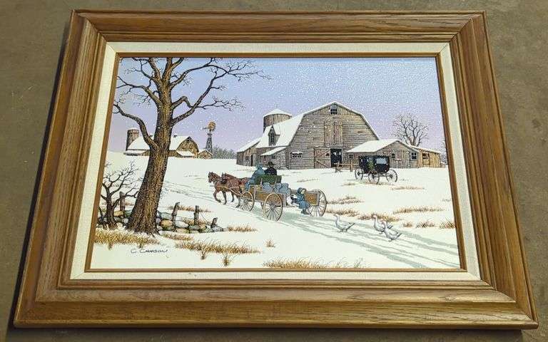 (G) C. Carson Oil Painting Amish Farm. 21 x 17 inch. Matted and Framed ...