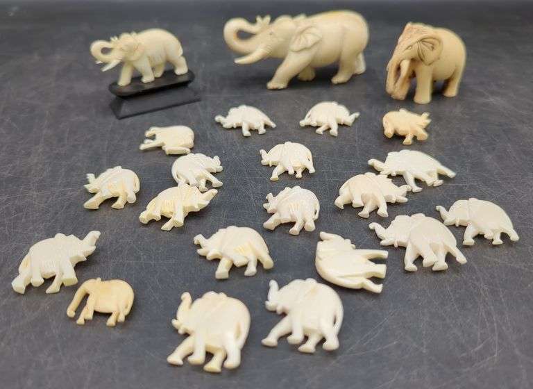 (F) Ivory & Bone Carved Elephants. 3 1/2 inch largest. - Kraft Auction ...