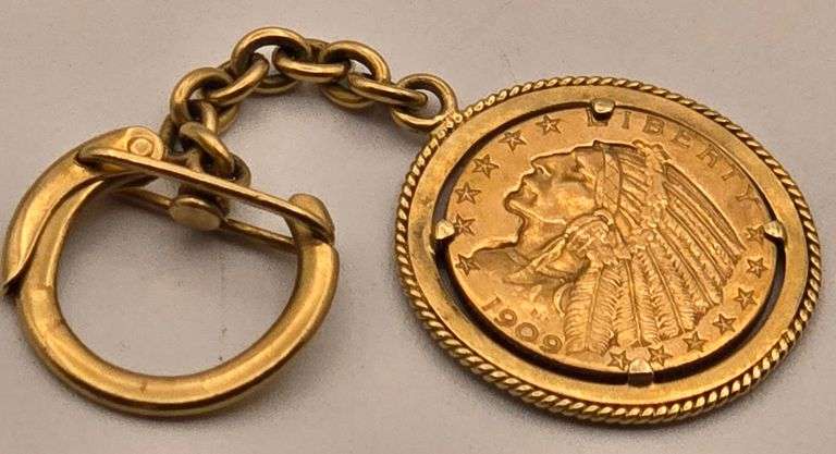 18K Yellow Gold Keychain With U.S. 1909-D $5 Indian Head Gold Piece ...