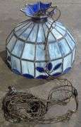 (RS) Strained Glass Hanging Light. Blue Colors. 16 x 12 inch. Missing ...
