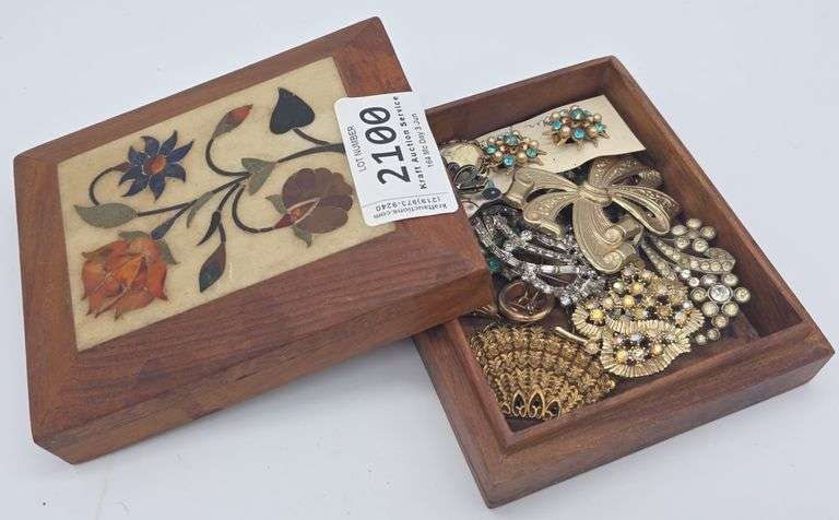 (A) Vtg Wood Box With Brooches - Kraft Auction Service, LLC