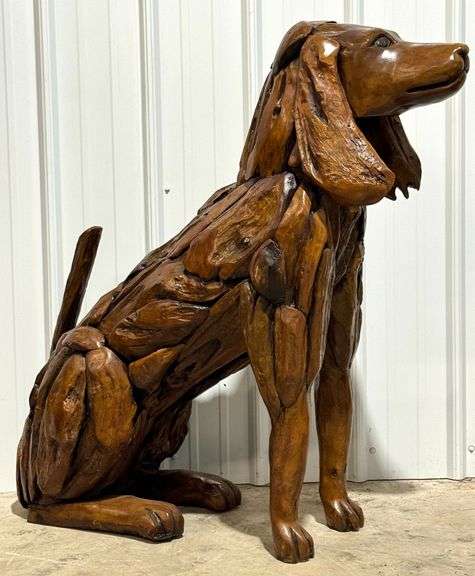 3.5ft Tall Teak Wood Sitting Dog Sculpture - Kraft Auction Service, LLC