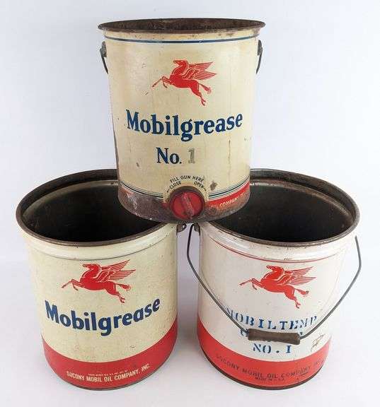 3) Vintage Mobilgrease 35lb Metal Grease Cans - Kraft Auction Service, LLC