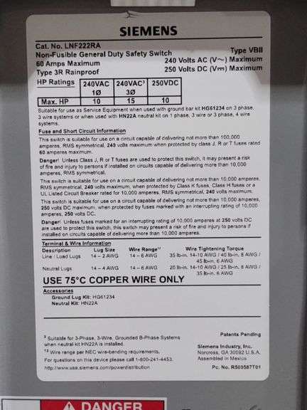 Siemens General Duty Enclosed Safety Switch (Model LNF222RA) - Kraft ...