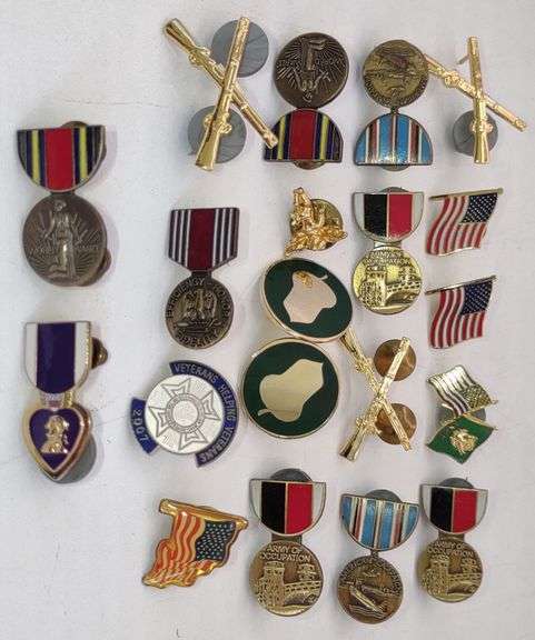 Various War Pins Incl. Purple Heart Pin, Infantry Officer Pins, WWII ...