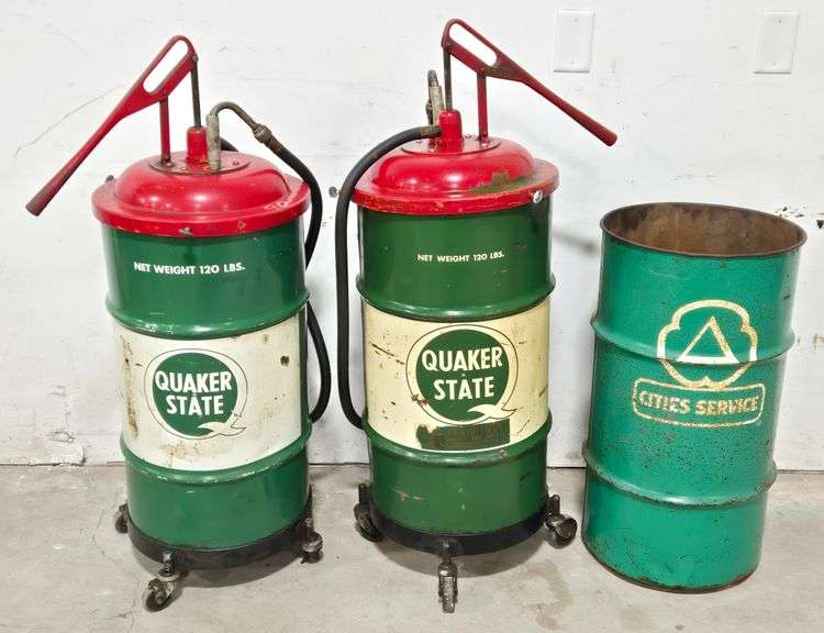 Vintage Quaker State & Cities Service Oil Barrels - Kraft Auction ...